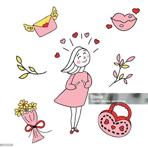 귀여운 요소를 낙서합니다 꽃 꽃다발 핸드백 날개와 사랑에 소녀와 편지와 그림 발렌타인 데이 개념에 대한 스톡 벡터 아트 및 기타