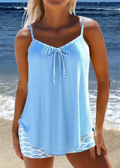 Bowknot Geometric Print Light Blue Tankini Set Modlily USD