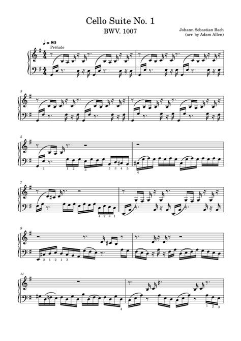 Cello Suite No 1 In G Major Prelude Arr Adam Allen By Johann