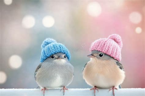 Cute Birds Wearing Tiny Knitted Hats Sitting On A Fence During A Sunny