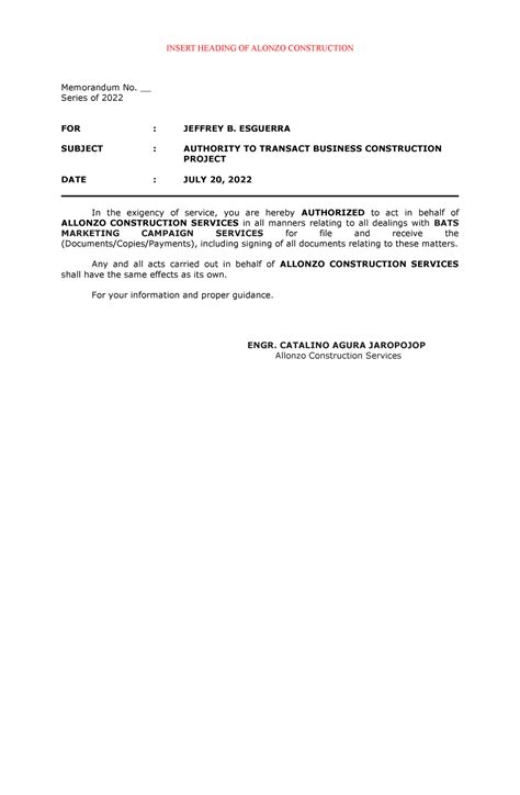 Authorization Memo Notes Insert Heading Of Alonzo Construction