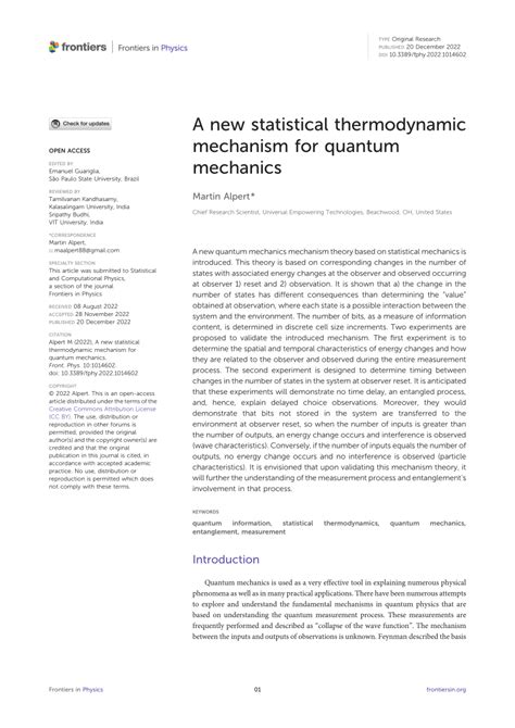 PDF A New Statistical Thermodynamic Mechanism For Quantum Mechanics