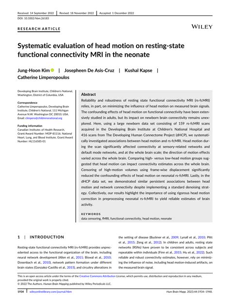 Pdf Systematic Evaluation Of Head Motion On Resting‐state Functional Connectivity Mri In Neonate