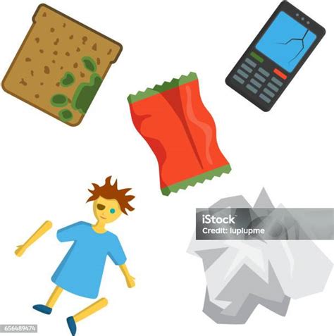 쓰레기 원소 쓰레기 봉투 타이어 관리 업계는 개념을 활용하고 폐기물 생태를 활용 하여 재활용 처리 상자 벡터 일러스트를 병 수 가구에 대한 스톡 벡터 아트 및 기타 이미지