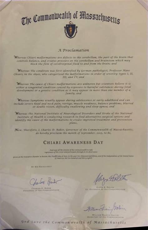Massachusetts Proclamation For September15 As Chiari Malformation