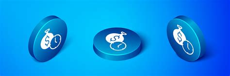 동면 시간은 파란색 배경에 격리 된 돈 아이콘입니다 돈은 시간입니다 효과적인 시간 관리 시간을 돈으로 변환합니다 파란색 원 버튼입니다 벡터 3차원 형태에 대한 스톡 벡터