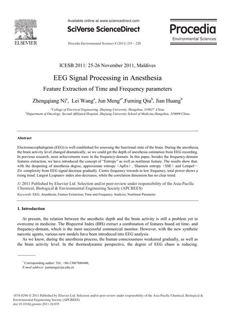 PDF EEG Signal Processing In Anesthesia Feature Extraction Of Time And Frequency Parameters