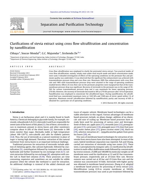 Pdf Clarification Of Stevia Extract Using Cross Flow Ultrafiltration And Concentration By