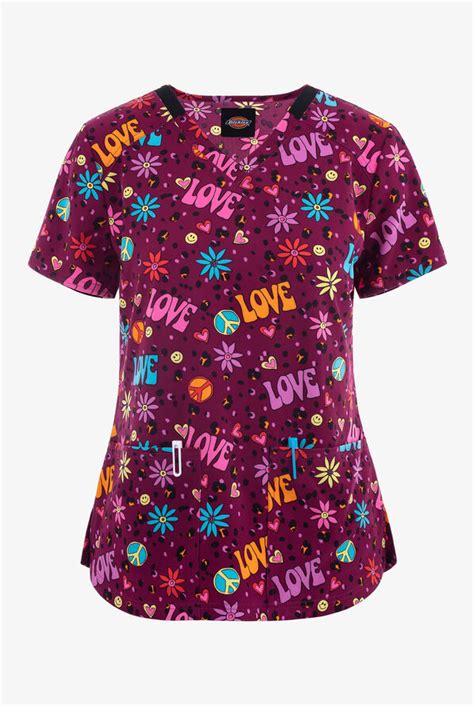 Dickies Eds Happy Hippie Love Womens 2 Pocket Stretch V Neck Print