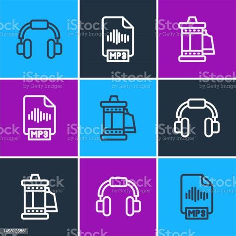 라인 헤드폰 카메라 롤 카트리지 및 Mp3 파일 문서 아이콘을 설정합니다 벡터 고풍스런에 대한 스톡 벡터 아트 및 기타 이미지