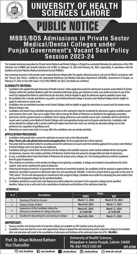 MBBS And BDS Admissions At Private Sector Institution Of Punjab Government Admissions