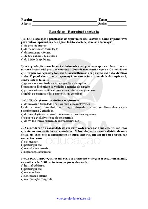 Exercícios Reprodução Sexuada Escola Educação