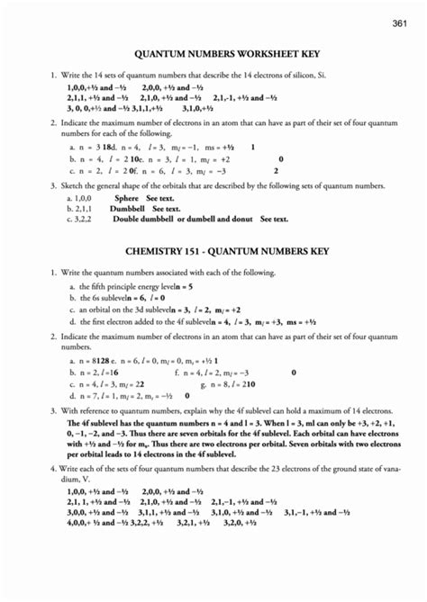 Quantum Numbers Worksheet Answers
