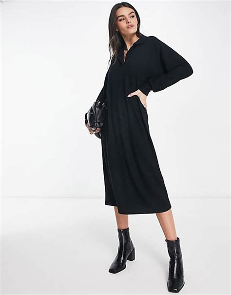 Asos Design Supersoft Long Sleeve Polo Midi Jumper Dress In Black Asos