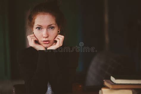 Close Up Indoor Portrait Of Beautiful Thoughtful Redhead Woman With