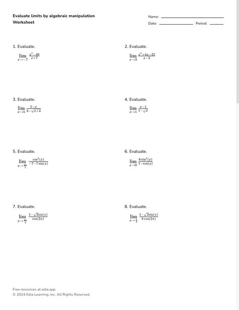 Evaluating Limits Worksheet Cbse Class 11 Mathematics Worksheet