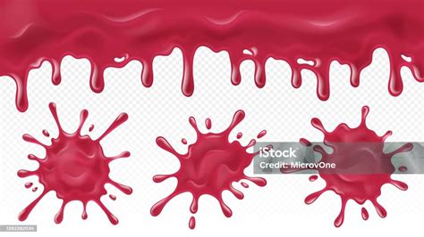 떨어지는 잼 과자 딸기 소스 맛있는 라즈베리 건강 디저트 핑크 유약 또는 사탕 액체 크림 배경 사실적인 체리 스플래시 벡터 세트