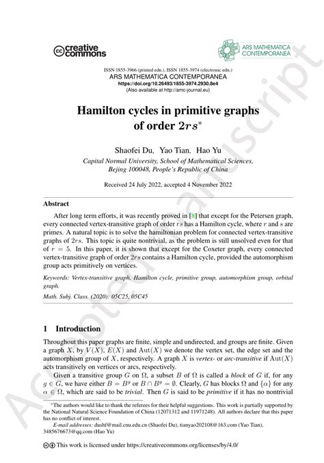 Pdf Hamilton Cycles In Primitive Graphs Of Order 2rs