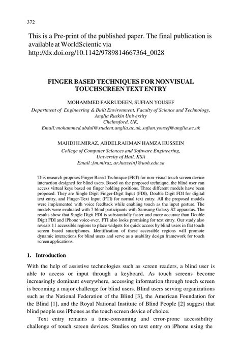 PDF Finger Based Techniques For Nonvisual Touchscreen Text Entry