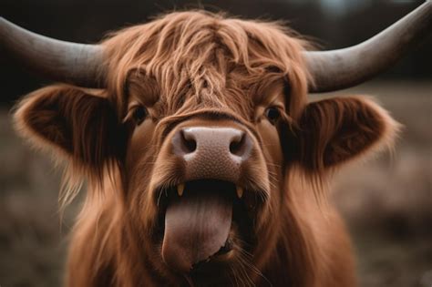Premium Ai Image Highland Cow Bull Face Close Up With Mouth Open