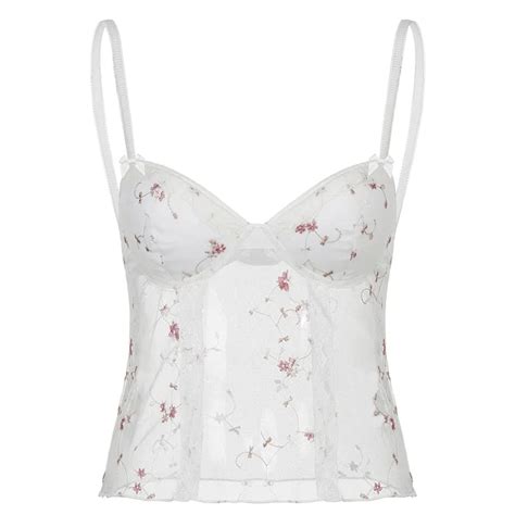 Rapcopter Y K Lace Corset Top White Small Floral Retro Crop Top Mesh See Through Sexy Mini Vest