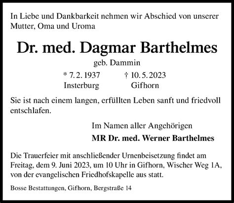 Traueranzeigen Von Dagmar Barthelmes Trauer Anzeigen De