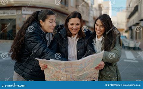 Mother And Daugthers Looking City Map At Street Stock Image Image Of