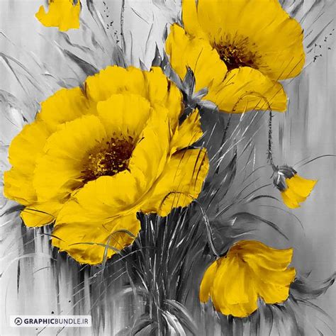 طرح تابلوی دکوراتیو از گلهای لاله زرد نقاشی شده رنگ روغن با فرمت 