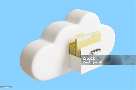 파란색 배경에 격리 된 파일이있는 폴더가 있는 서랍이 있는 만화 구름 3d 일러스트레이션 클라우드 컴퓨팅에 대한 스톡 사진 및 기타 이미지 Istock