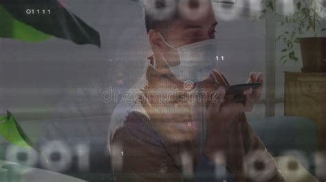Using Smartphone With Digital Binary Code Overlay Man Wearing Mask Stock Video Video Of
