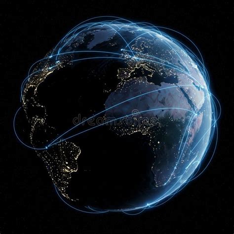 A Digital Representation Of Earth From Space Highlighting A Network Of Glowing Blue Stock