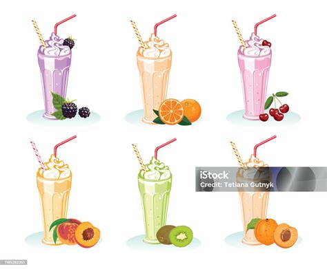 흰색 배경에 격리 된 밀크 쉐이크가있는 안경 세트 블랙 베리 오렌지 체리 복숭아 키위 살구 플랫 스타일의 달콤한 신선한 음료의 벡터 그림 스무디에 대한 스톡 벡터 아트 및