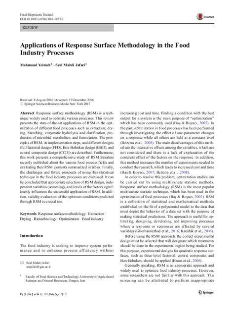 Pdf Applications Of Response Surface Methodology Rsm In Product