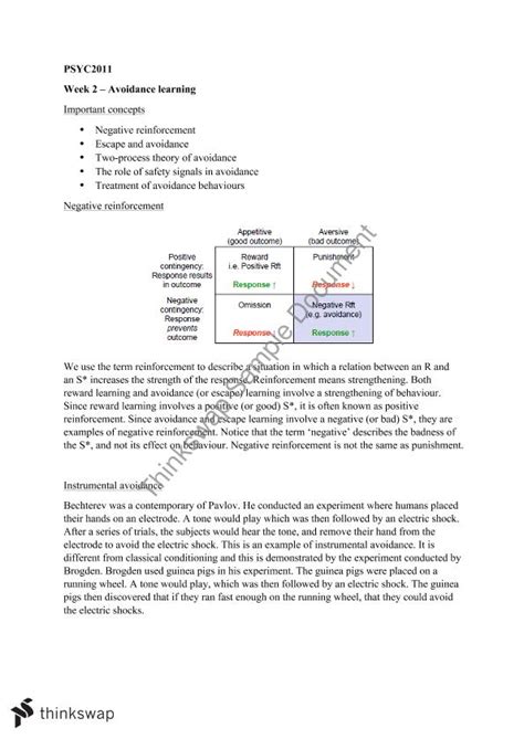 Avoidance Learning Psyc2010 Brain And Behaviour Thinkswap