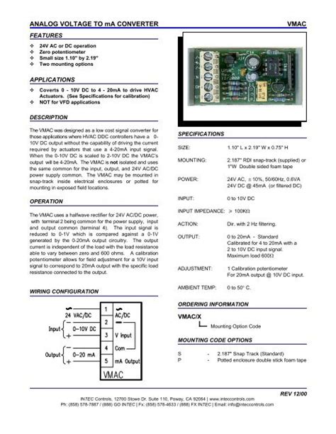 ANALOG VOLTAGE TO MA CONVERTER VMAC INTEC Controls