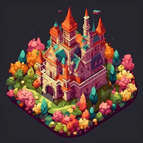 Isometric Medieval Castle On The Bank Of The River Vector Illustration