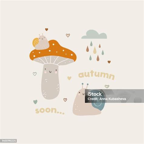 만화 버섯과 달팽이 캐릭터 벡터 일러스트레이션 레터링이있는 귀여운 만화 인쇄 곧 가을 벡터 손으로 그린 컬러 어린이 일러스트레이션 포스터 귀여운에 대한 스톡 벡터 아트 및
