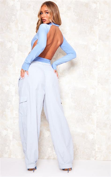 Sky Blue High Neck Open Back Long Sleeve Bodysuit Tops