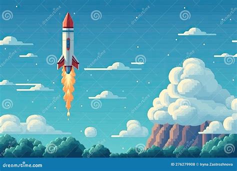 Illustration Of A Rocket Taking Off Into Space Flying Above The Clouds
