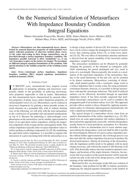 Pdf On The Numerical Simulation Of Metasurfaces With Impedance Boundary Condition Integral