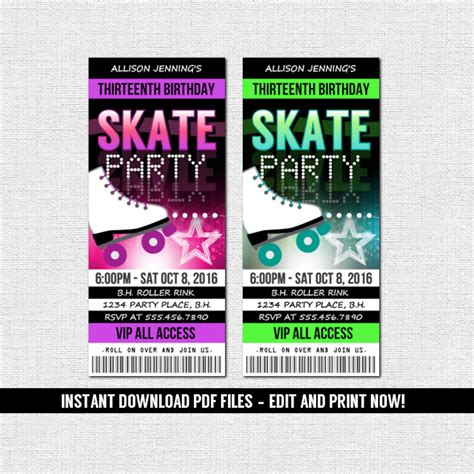 Skate Ticket Invitations Roller Skating Birthday Party Etsy
