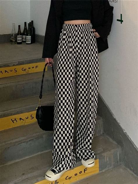 Womens Pants Capris HOUZHOU Korean Fashion Black White Plaid Pants