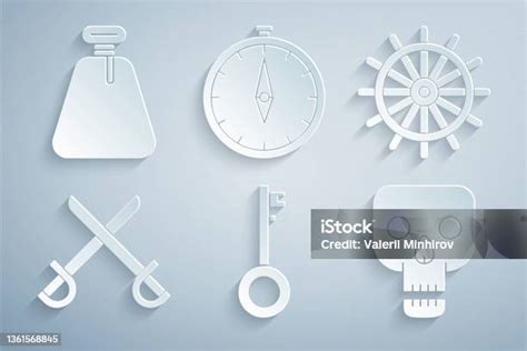 해적 키 선박 스티어링 휠 교차 해적 칼 해골 나침반과 자루 아이콘을 설정합니다 벡터 3차원 형태에 대한 스톡 벡터 아트 및