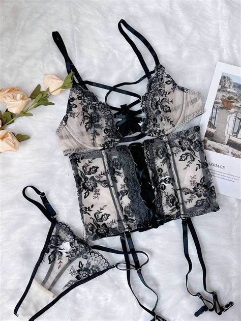 Mesh Floral Embroidered Garter Bra Set Yomorio