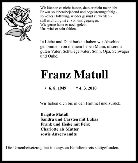 Traueranzeigen Von Franz Matull Trauer In NRW De