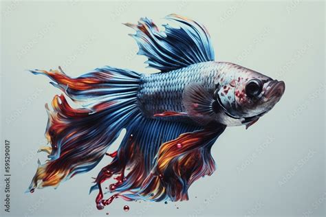 Oil Painting Of Betta Splendens Fish Also Known As Siamese Fighting Fish Against A White