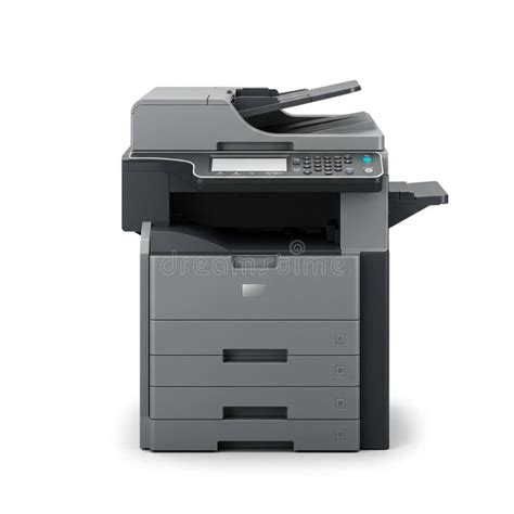 A Multifunction Office Printer Featuring A Sleek Gray Design It Has Multiple Paper Trays Stock