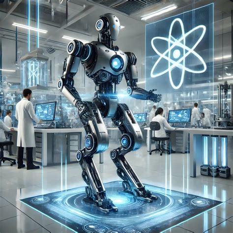 Humanoid Robot Showing Atom Symbol In Futuristic Laboratory Setting