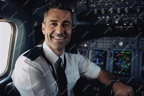 Premium Ai Image A Captain Pilot In Uniform Smiles In The Cockpit Of