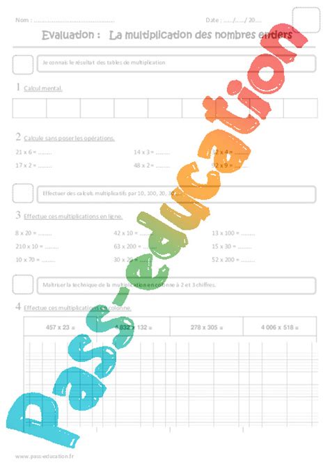 Multiplication Des Nombres Entiers Cm2 Evaluation Pass Education